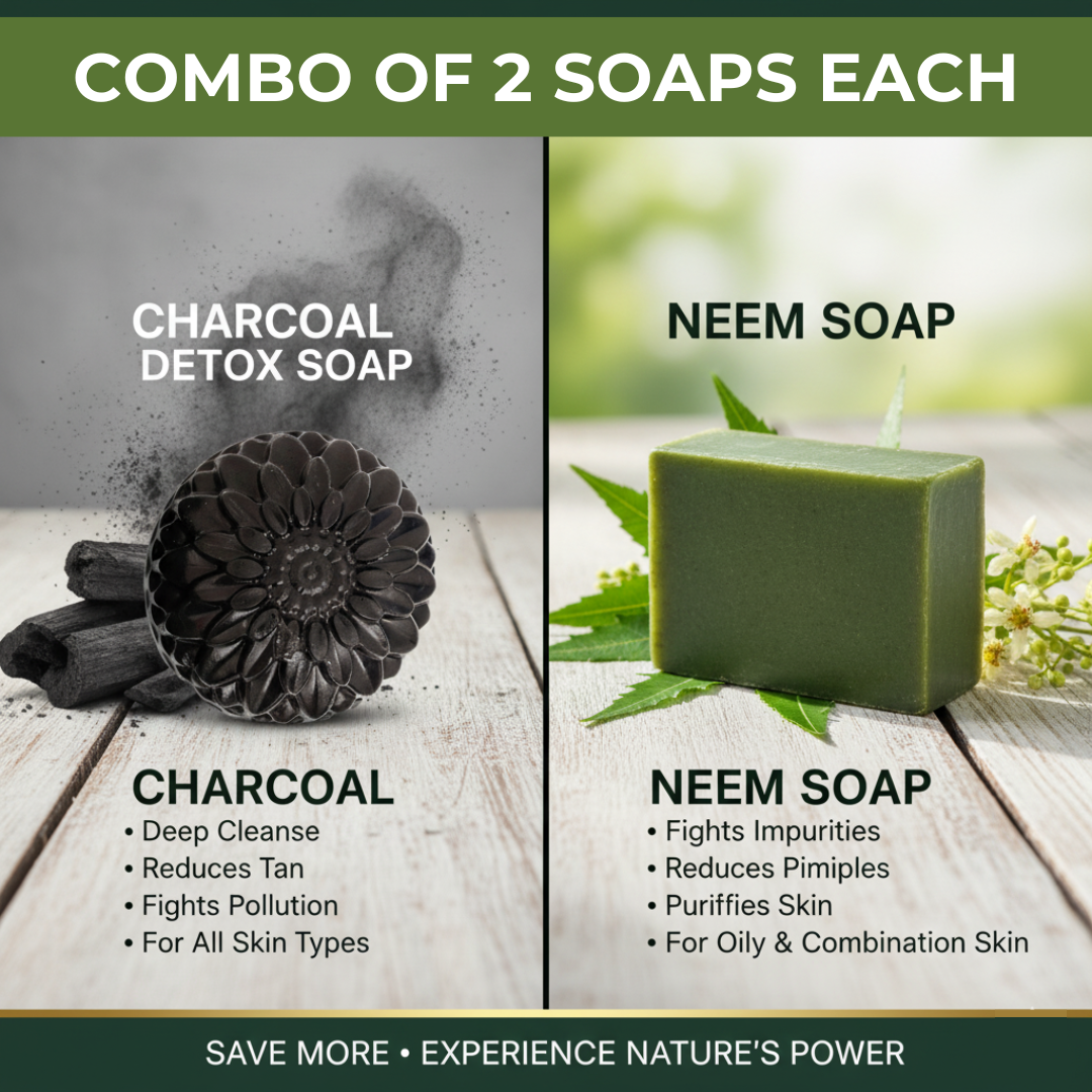 Combo of 2 Black Detox Charcoal Soap and 2 Anti-Acne Neem Soap For Fac ...